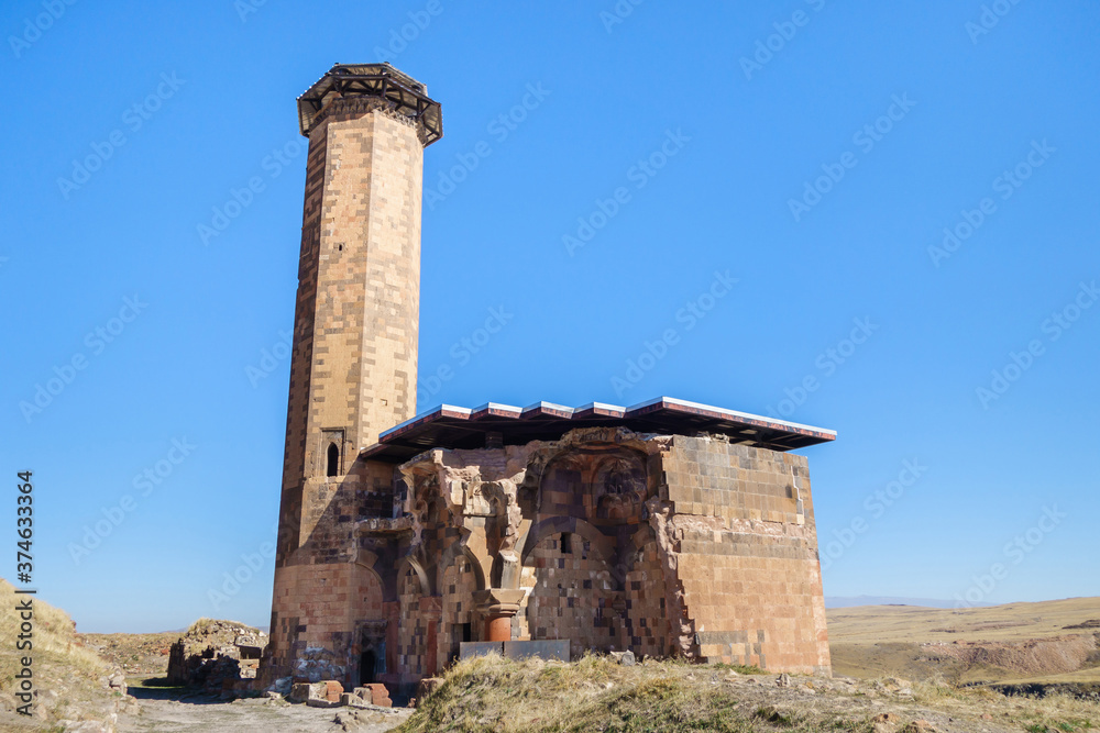 Seljuk mosque of Manuchihr & its minaret in medieval city Ani, near ...