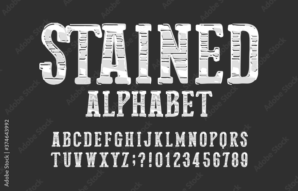 Stained alphabet font. Messy vintage letters, numbers and symbols ...
