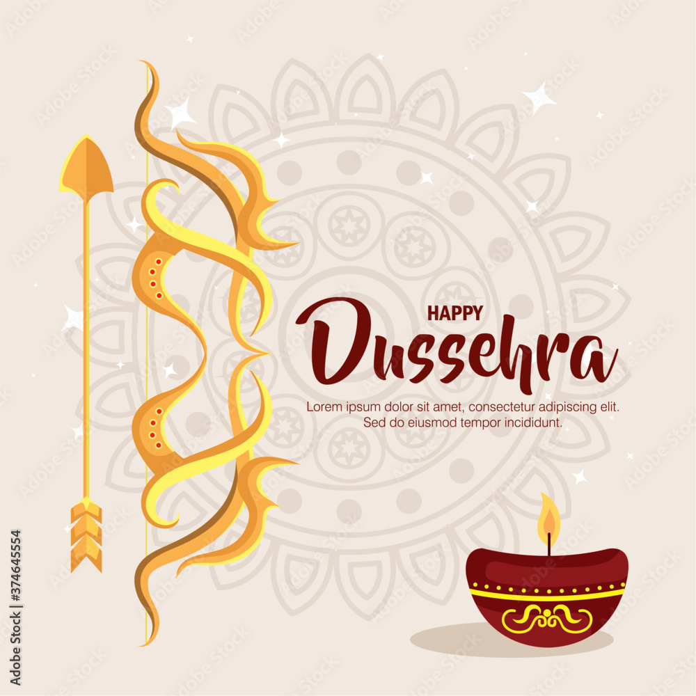 gold bow with arrow and candle on mandala background design, Happy ...
