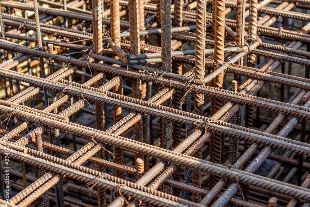 steel rebar for reinforcement concrete at construction site with house ...