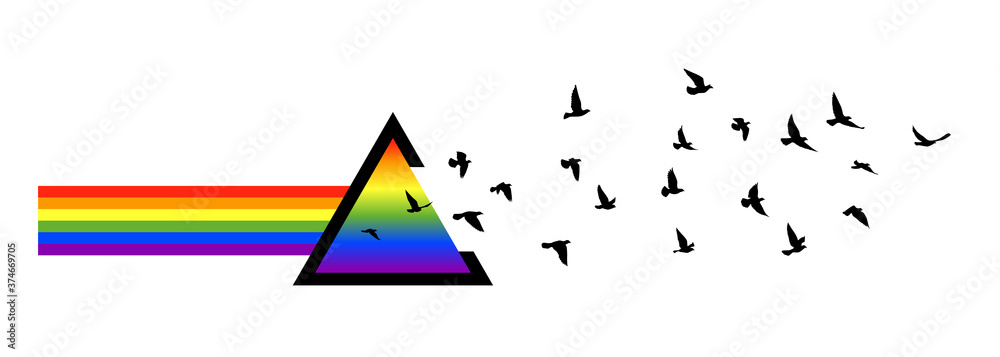 Flying birds silhouettes with spectrum color prism triangle on white ...