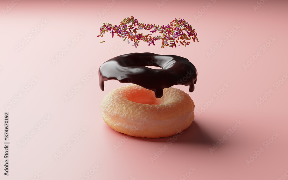 3D rendering. Chocolate donut with chocolate icing and sugar sprinkles ...
