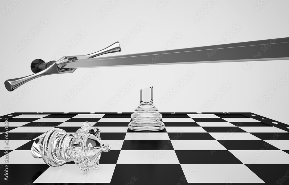 Concept. Strike a sword on the figure of the white Queen on the ...