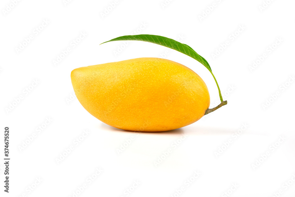 Ripe mango with green leaf isolated white background Stock Photo ...