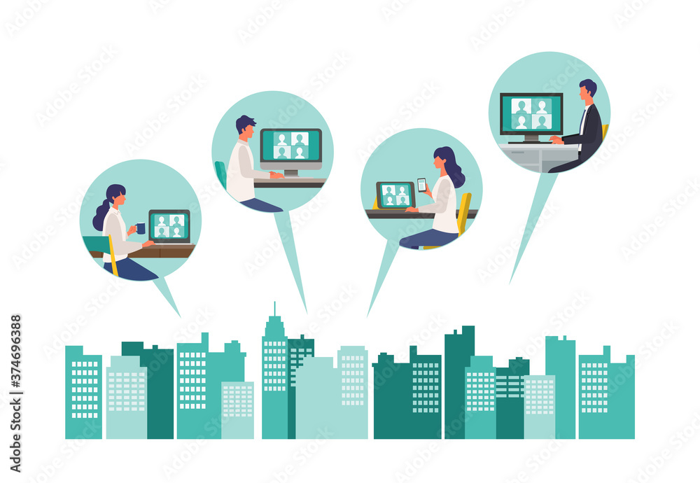 Telecommuting concept. Vector illustration of people having ...