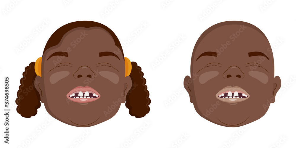 African toothless boys and girls smiling, fallen milk teeth, vector ...