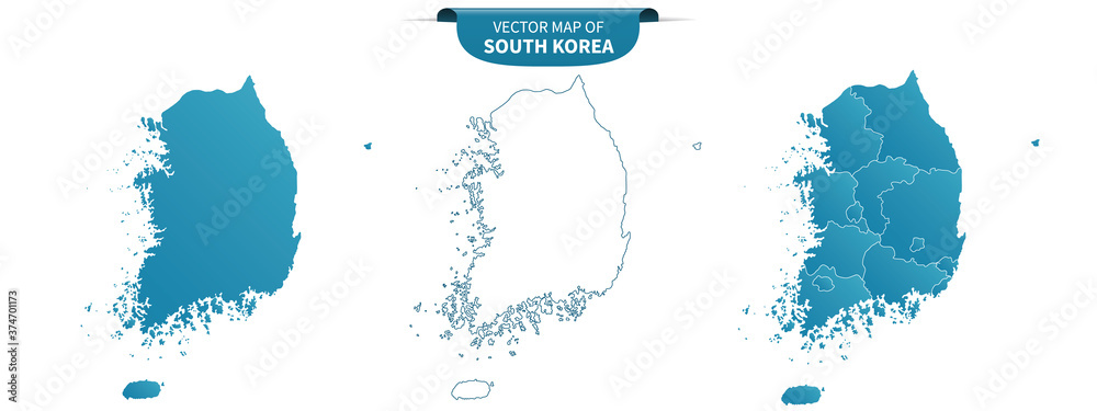blue colored political maps of South Korea isolated on white background ...