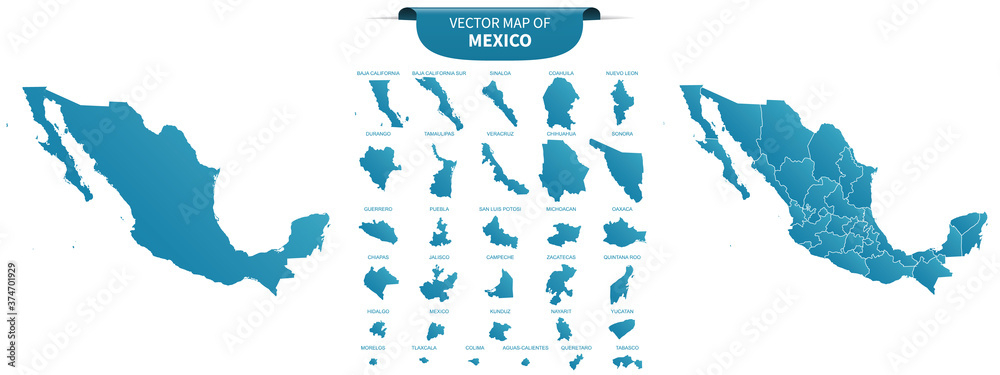 blue colored political maps of Mexico isolated on white background ...