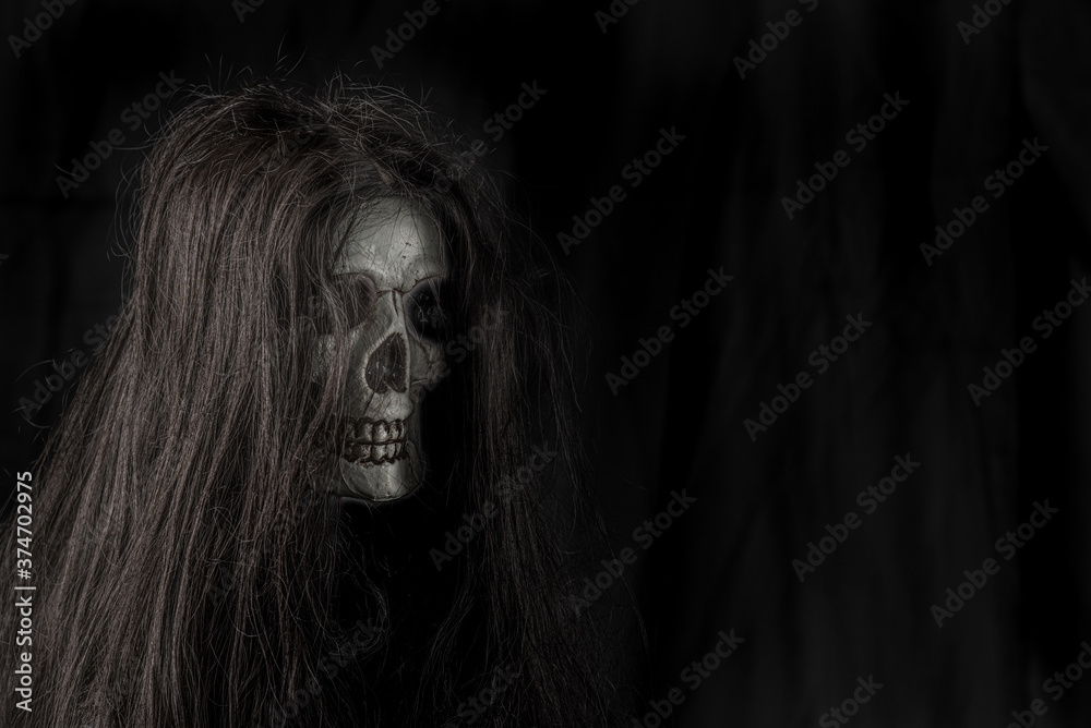 Skull Female or Woman Ghost Halloween On Dark Black Background with ...