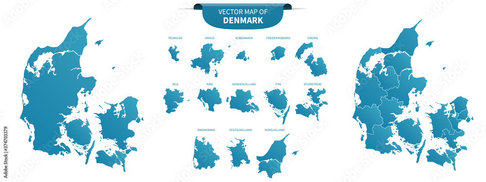 blue colored political maps of Denmark isolated on white background ...