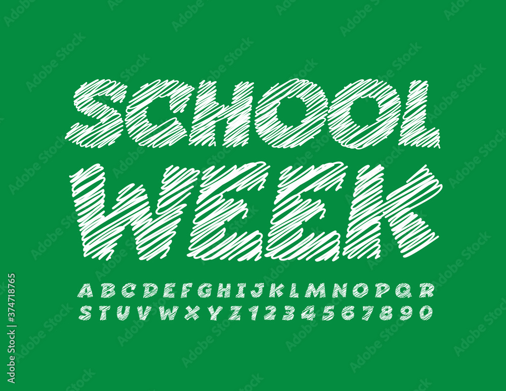 Vector chalkboard text School Week. White pencil Font. Sketch drawn ...