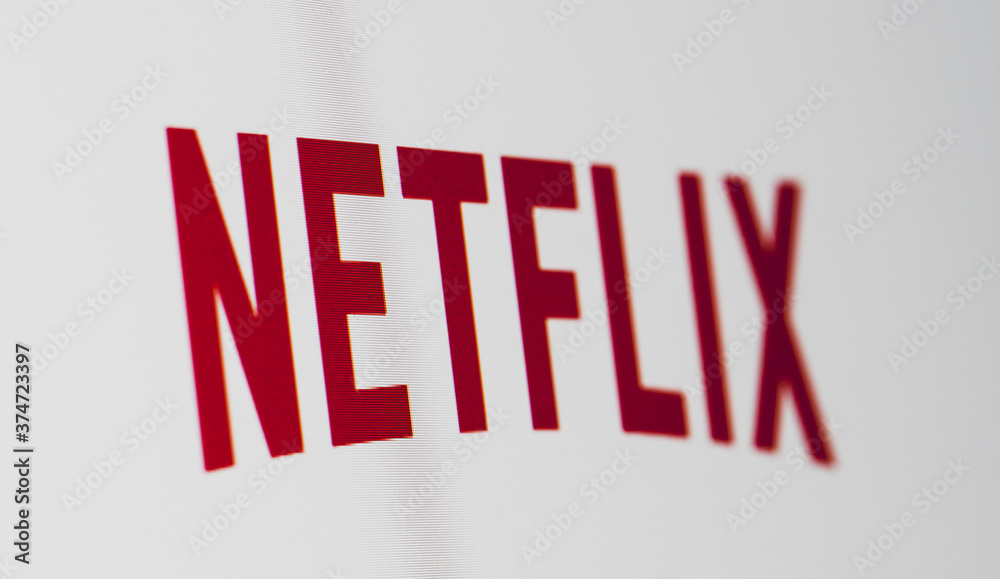 Netflix logo on white background - real macro shot of a computer screen ...