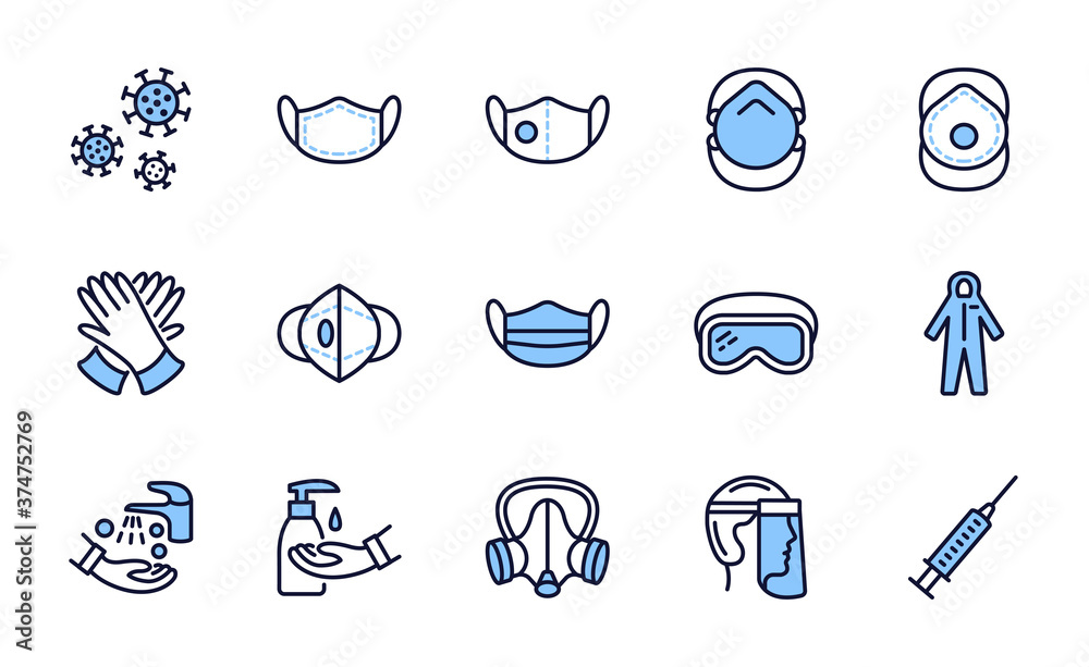 Covid-19 protection equipments and clothing. Various types of ...