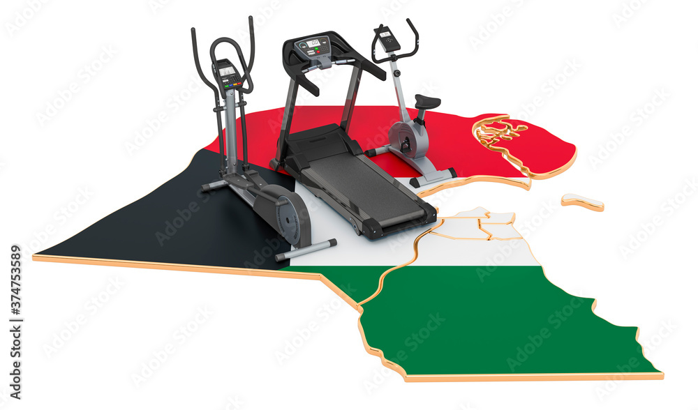 Sport clubs in Kuwait. Fitness, exercise equipments on Kuwait map. 3D ...