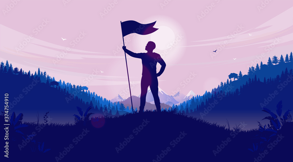 Personal success metaphor - Person standing in nature with raised flag ...
