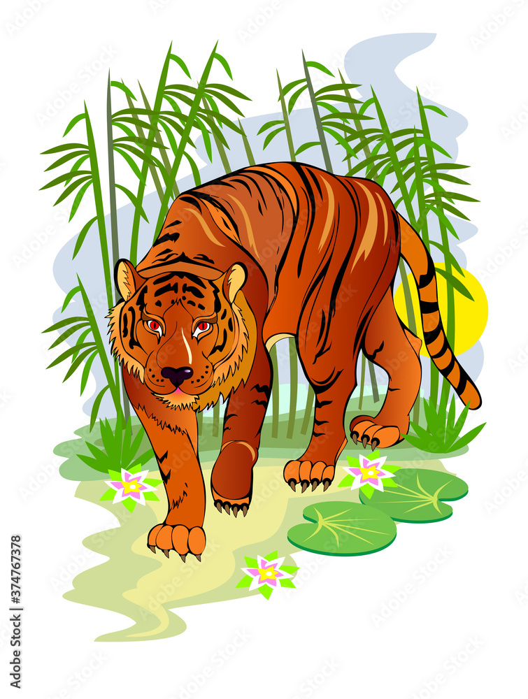 Fantasy illustration of cute tiger in fairyland jungle. Cover for ...