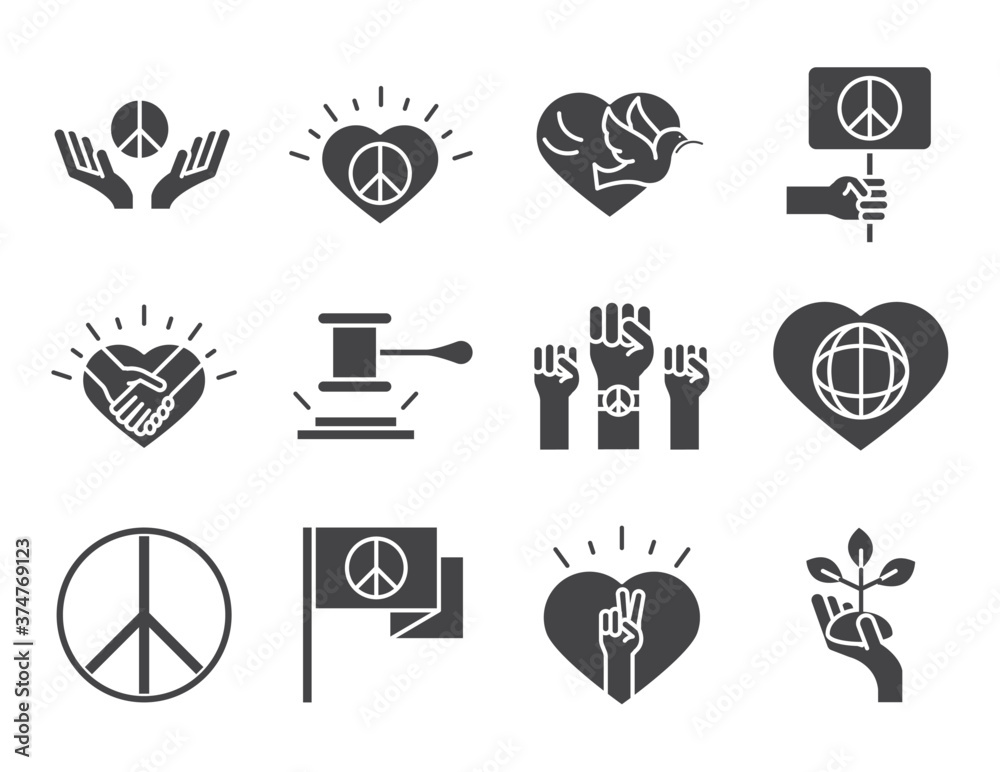 human rights day, line icons set design, included pigeon hands heart ...