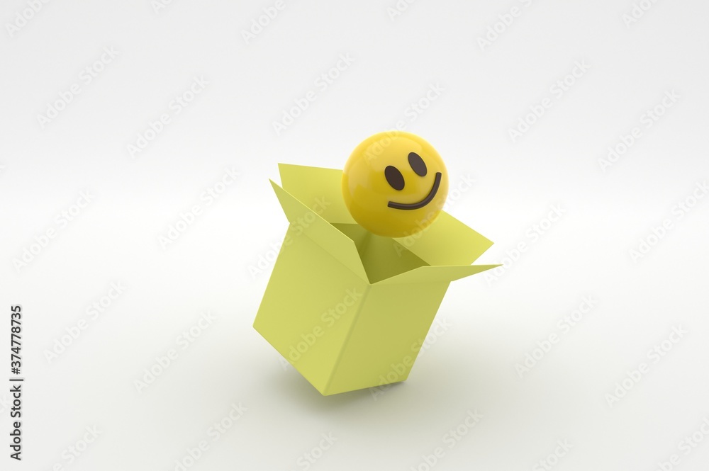 Smiling Emoji flying out of cardboard box on white background with ...