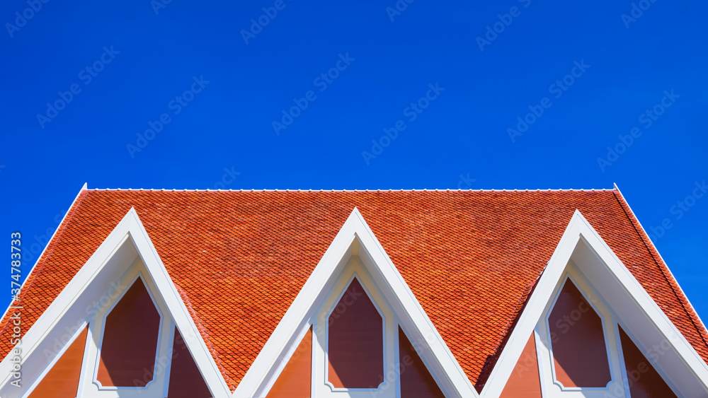 Low angle and front view of 3 gable roofs on top of Thai traditional ...