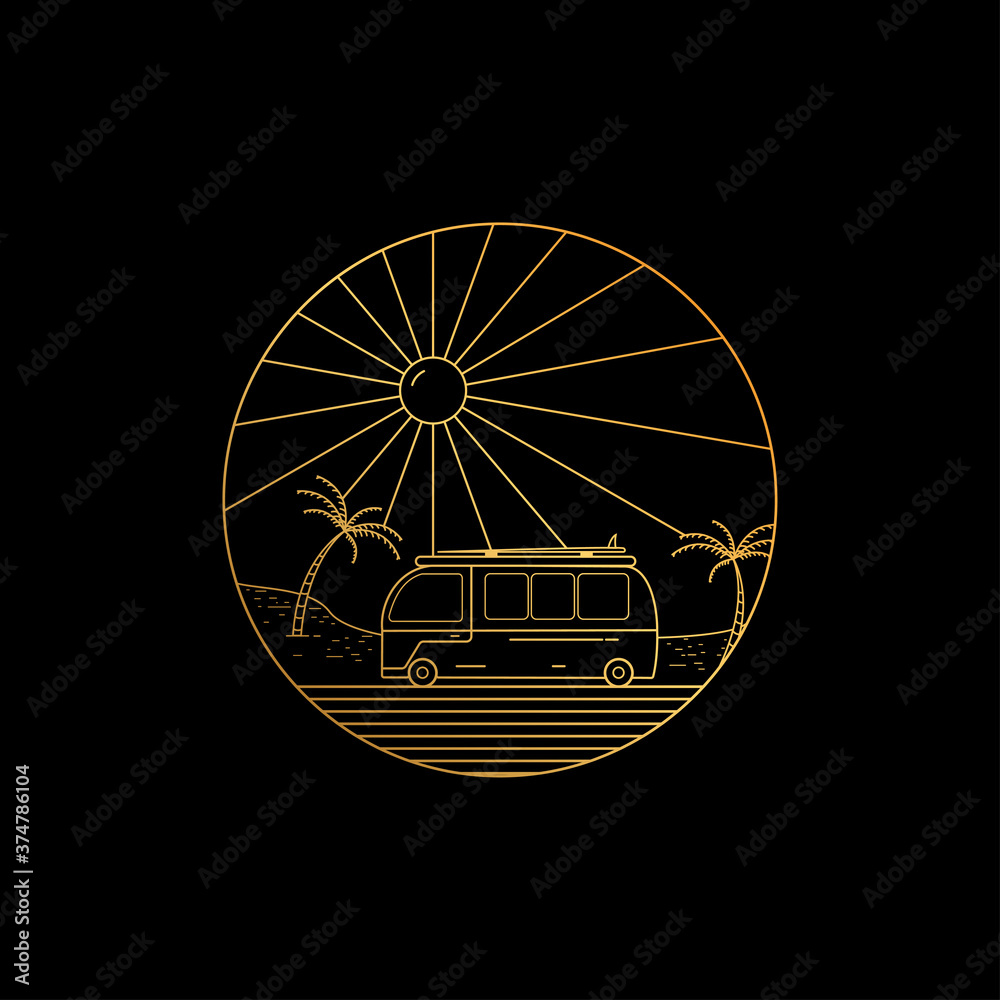 mini bus on vacation using a surf board line art illustration Stock ...