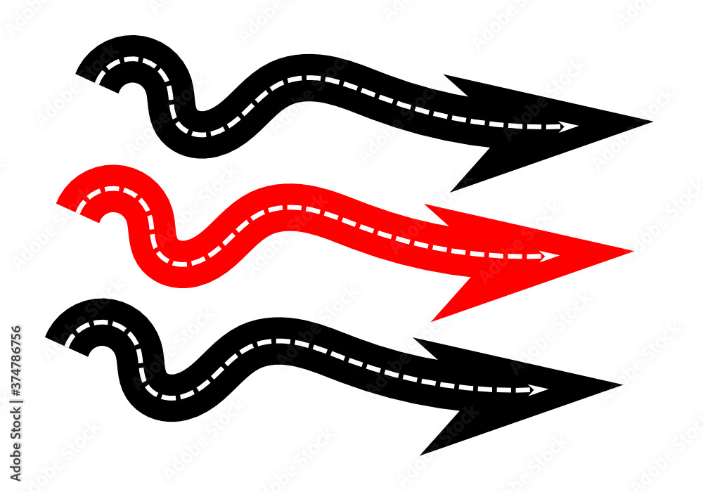 vector one red arrow curve road in middle black arrow curve road ...