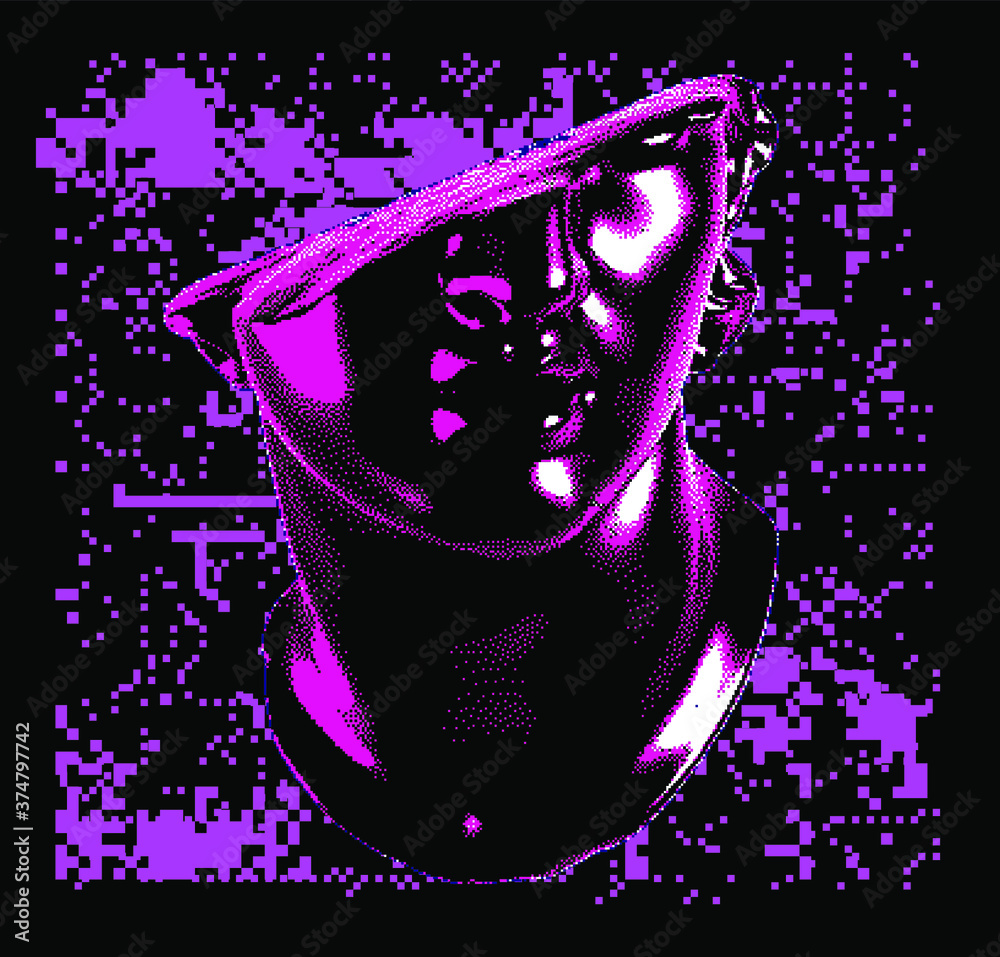 Fragmentary marble of plaster bust in bitmap pixel art style. Vaporwave ...