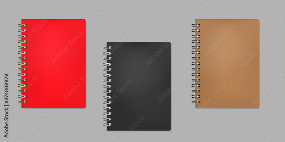 Closed wire bound notebook, realistic vector mock-up. Golden, silver ...