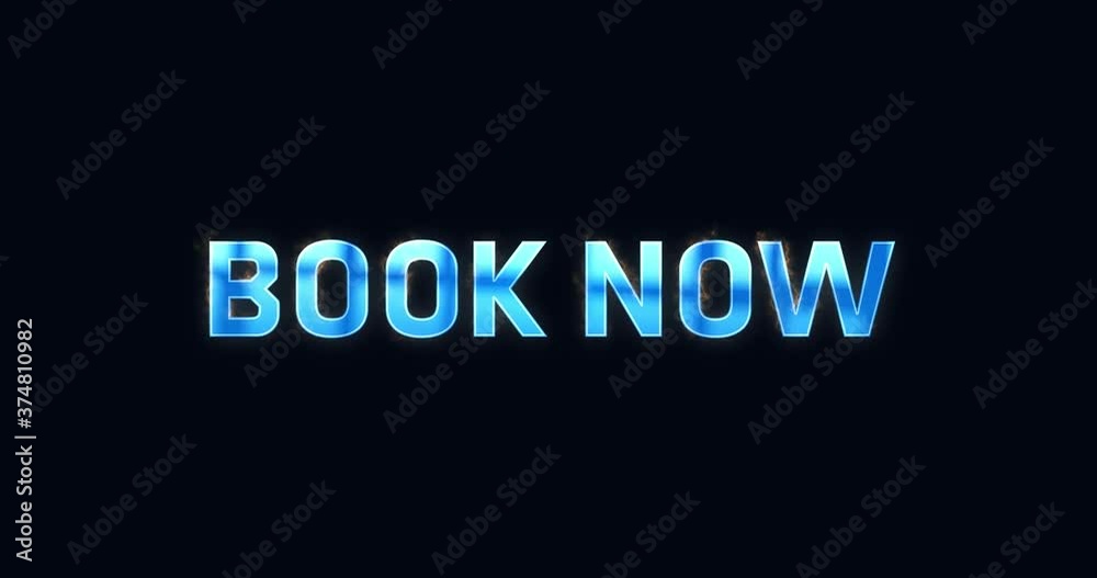 Book now. Blue electric lightning word. Burning text animation on black ...