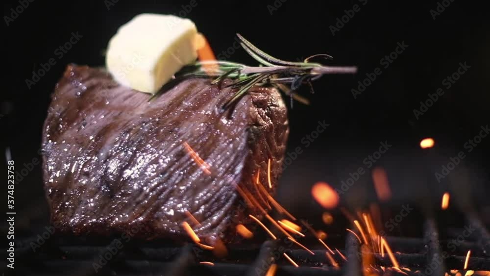 meat on grill. tenderloin is grilled on a grate picnic outside house ...