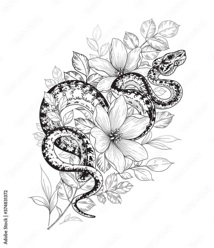 Vector Twisted Snake among Flowers Stock Vector | Adobe Stock