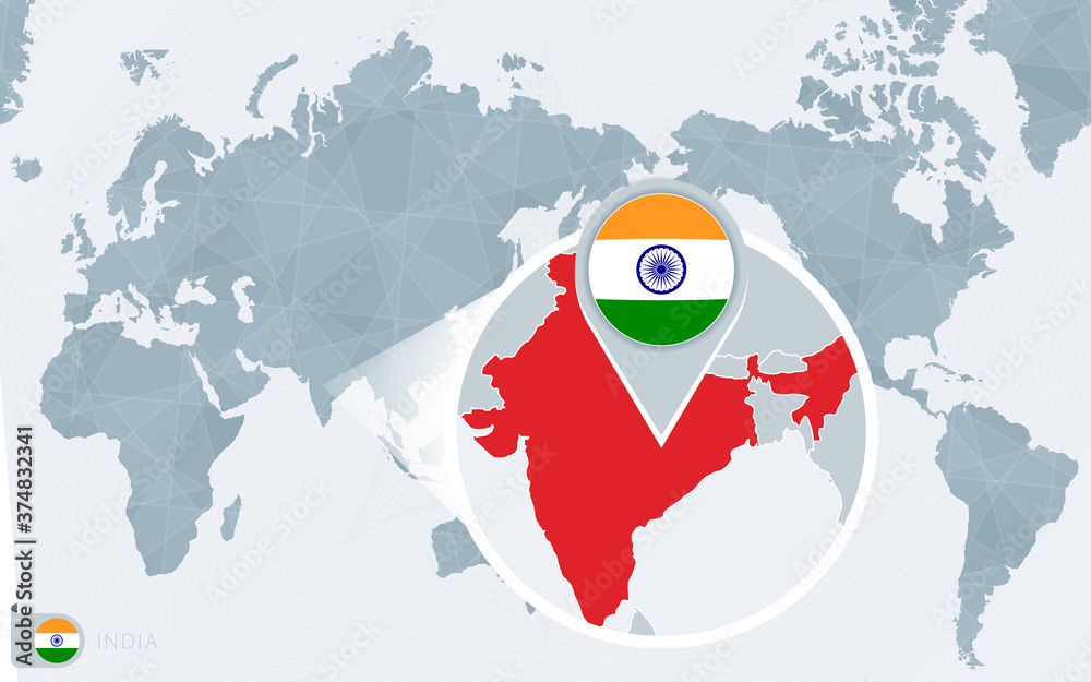 Pacific Centered World map with magnified India. Flag and map of India ...