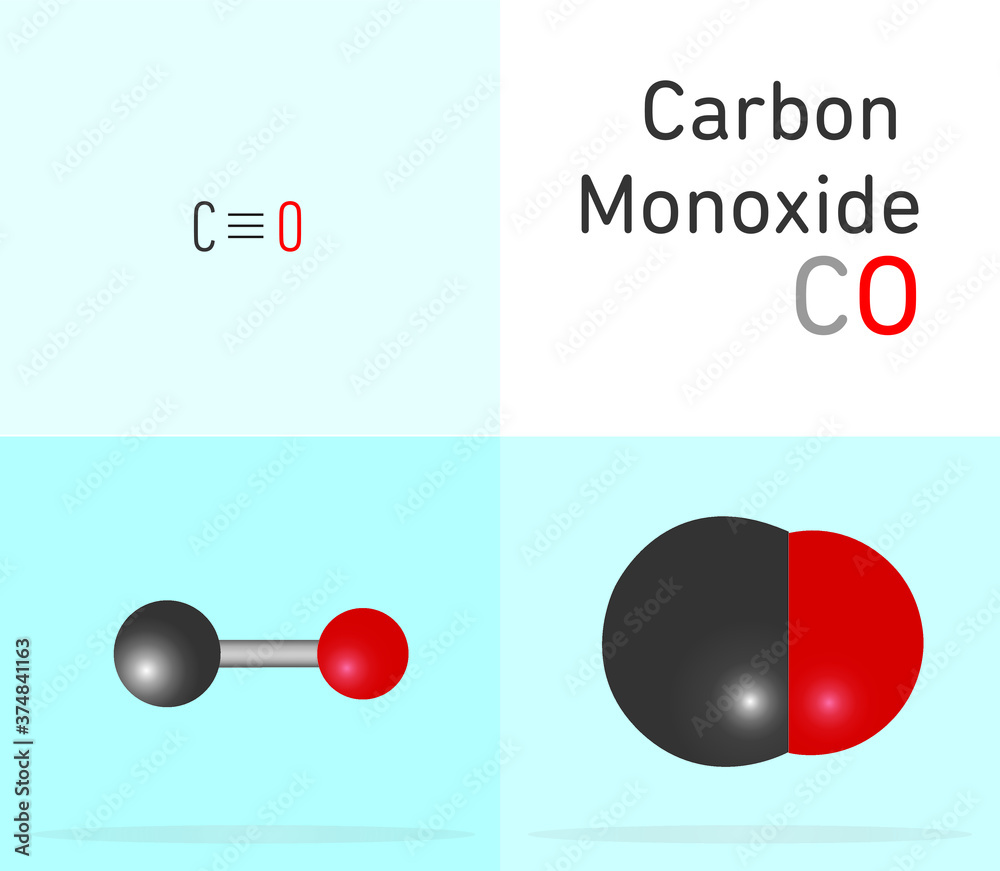 Carbon Monoxide (CO) gas molecule. Two different molecule model and chemical formula. Ball ...