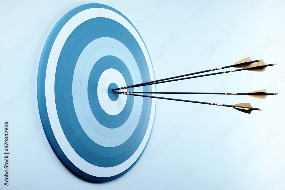Four arrows from a bow in blue target center. Stock Photo | Adobe Stock