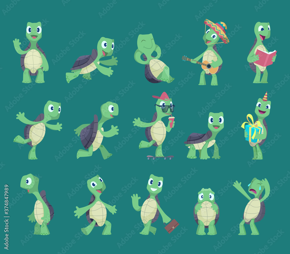 Turtles cartoon. Comic reptile funny characters in various action poses ...