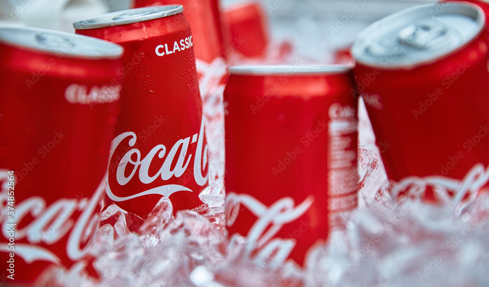 Coca-Cola cans in ice. Popular soft drink. 18.01.2019 Singapore Stock ...