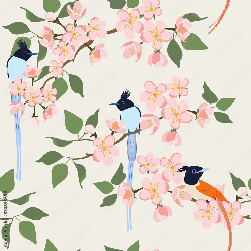Seamless vector illustration with sakura branches and exotic beautiful ...