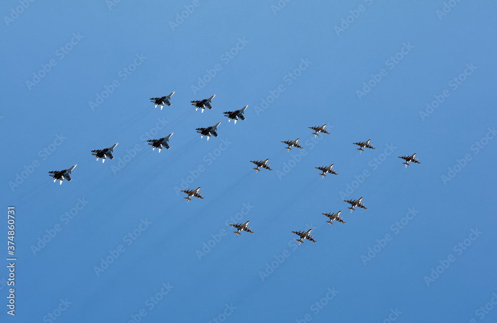 Formation of Combat aircraft in the form of the numbers 75. Rehearsal ...
