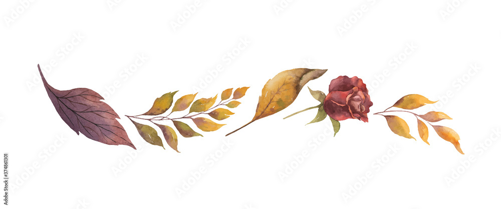 Watercolor vector border with autumn leaves and branches isolated on ...