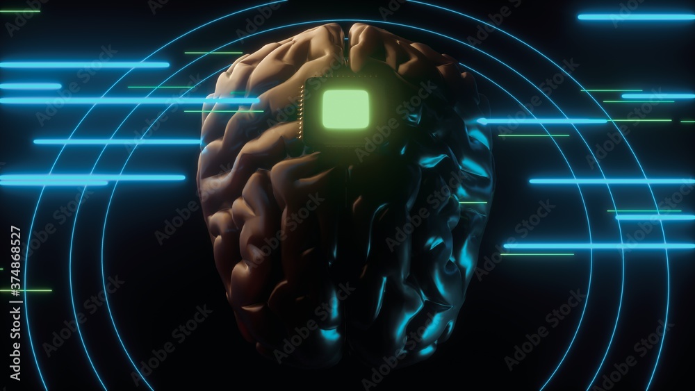 Human brain with computer chip. Neuro interface and machine learning 3d ...