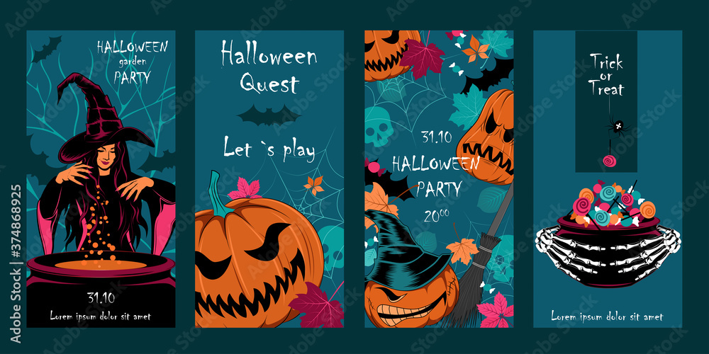 Set of cards for halloween. Vector image of a conjuring witch, pumpkins ...