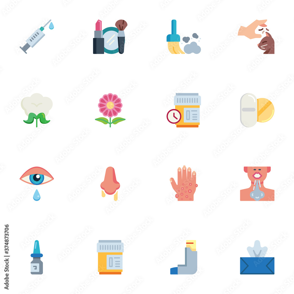 Allergy symptoms collection, allergic reaction flat icons set, Colorful ...