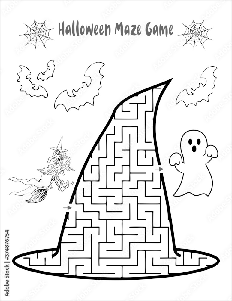 Halloween maze game for preschool and school kids. Ghosts and bat are ...
