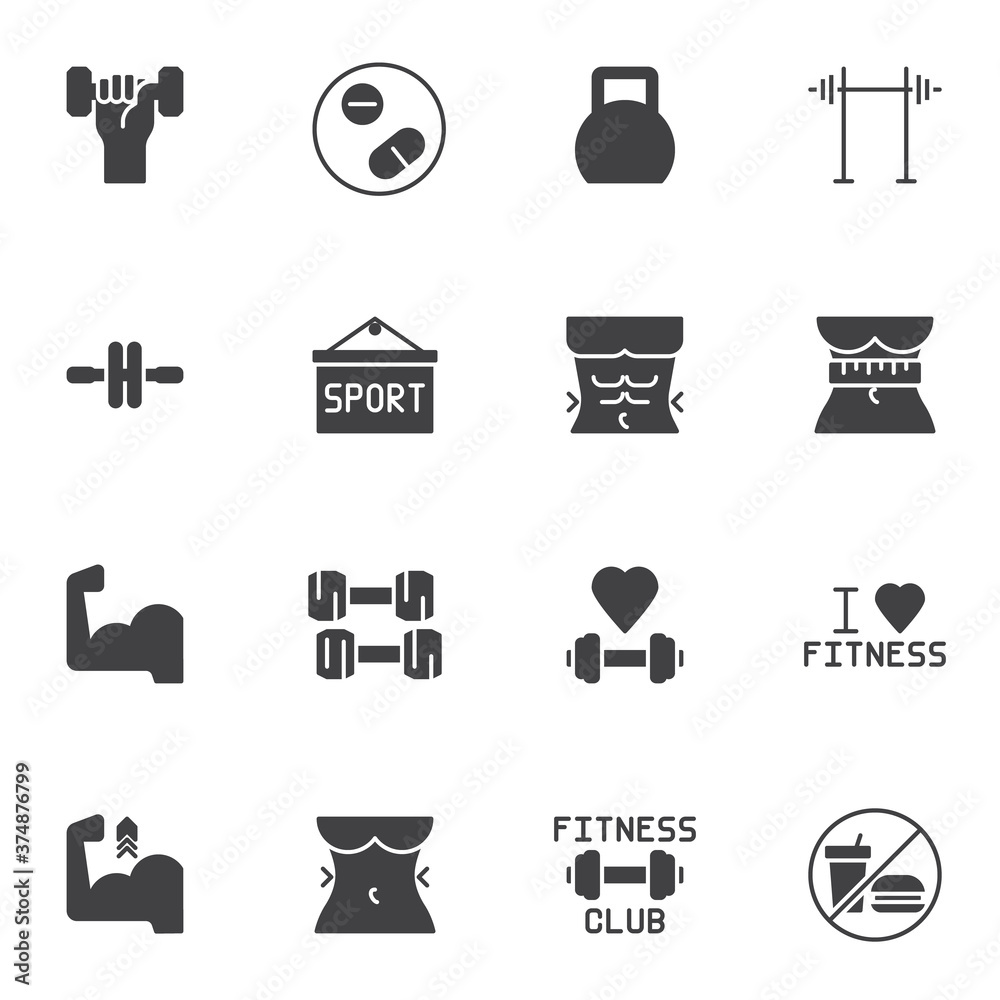 Gym and fitness vector icons set, sport equipment modern solid symbol ...