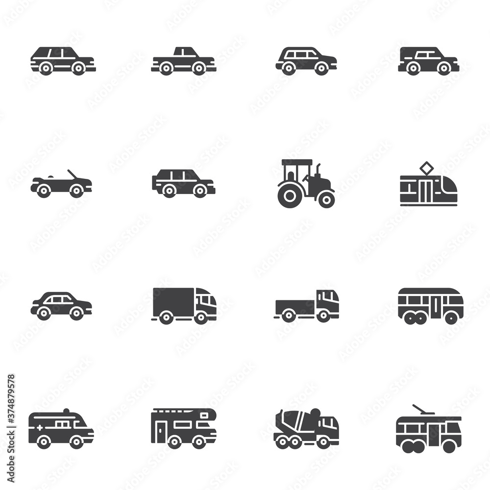 Transportation vector icons set, modern solid symbol collection, filled ...