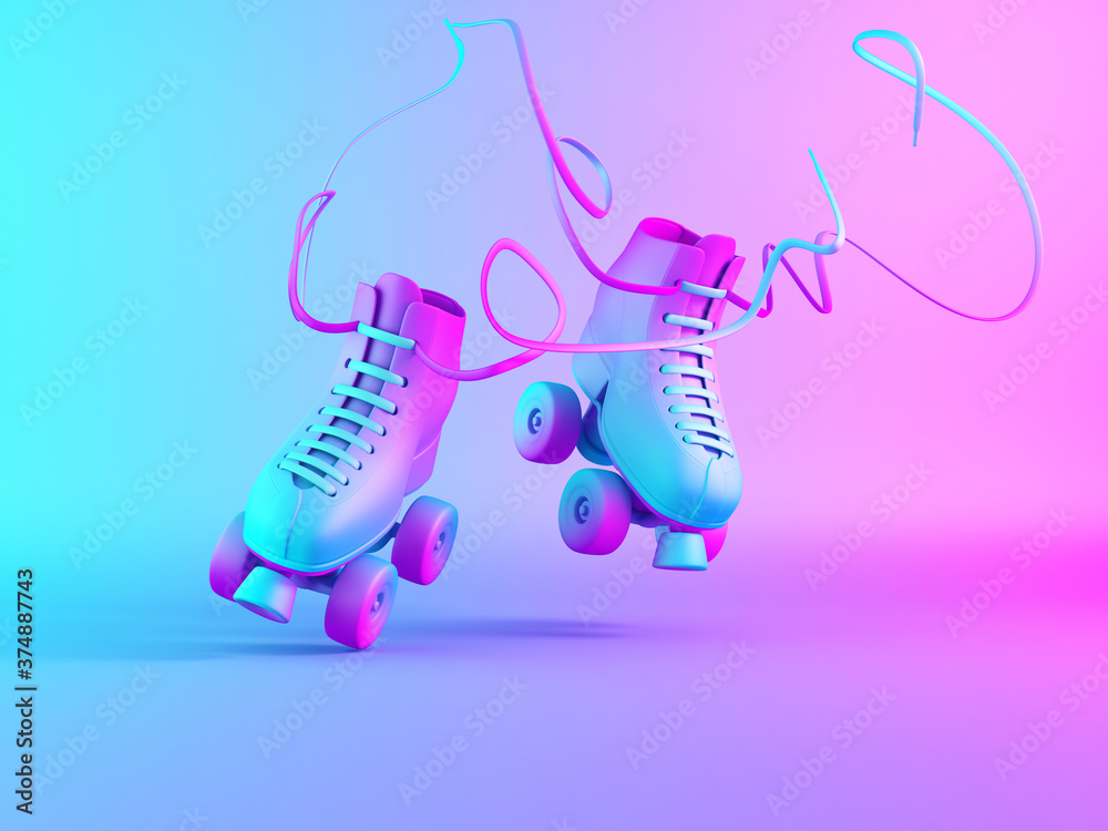 Roller skates in vibrant neonlight on blue and pink gradient background ...