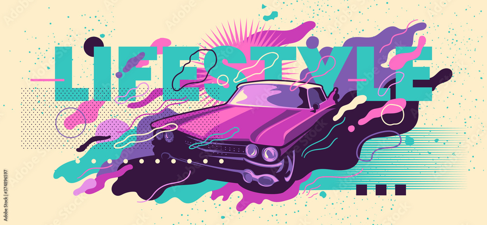Colorful abstract banner design with vintage car and typography. Vector ...