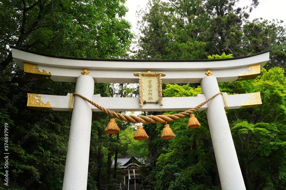 Shrine white and gold big gate called "Torii" . Japanese text on gate ...