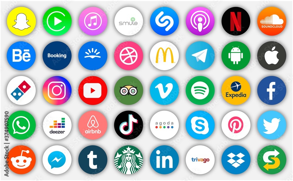 Set of popular mobile apps icons. McDonalds, Behance, Apple, Domino ...