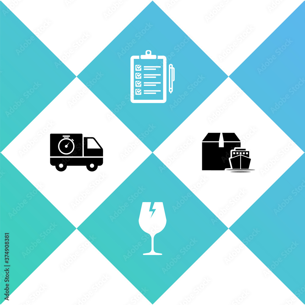 Set Delivery truck and stopwatch, Fragile broken glass, Verification of delivery list and Cargo ...