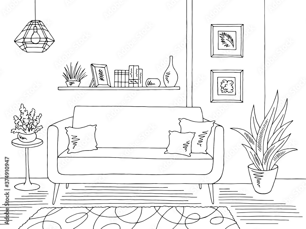 Living room graphic black white home interior sketch illustration ...